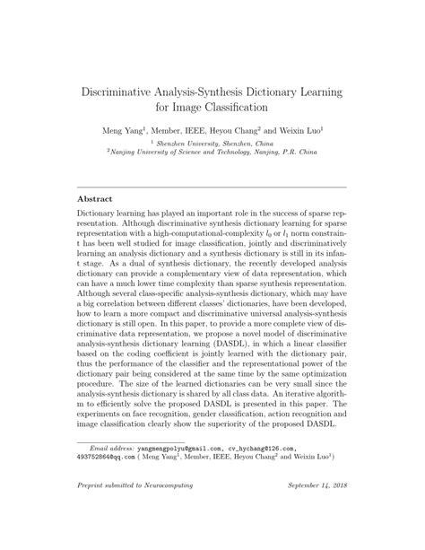 Pdf Discriminative Analysis Synthesis Dictionary Learning For Image