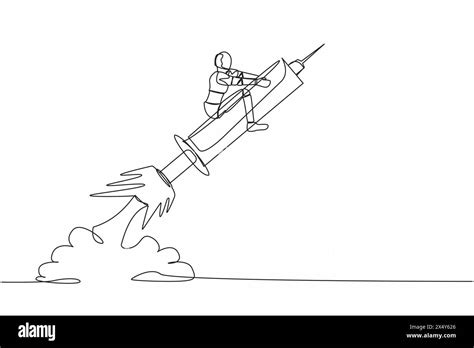 Continuous One Line Drawing Robot Riding Syringe Rocket Flying In The