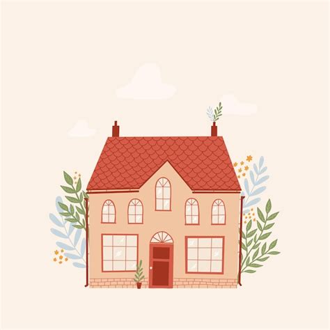 Premium Vector Cute Hand Drawn Cottage Decorated With Leaves And Small Flowers For Posters