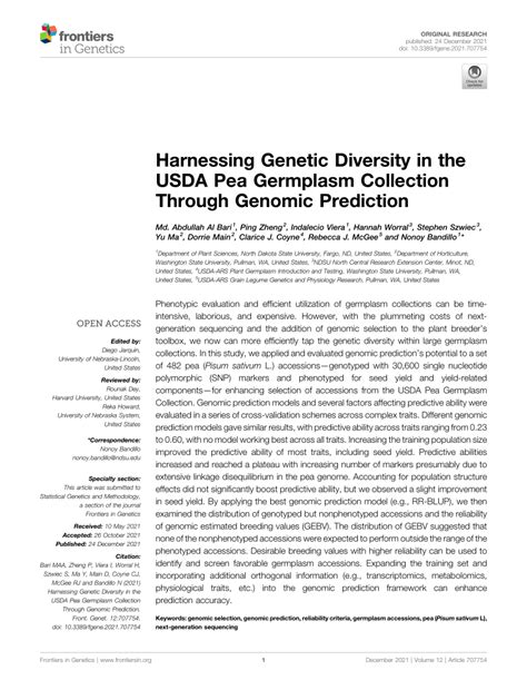 Pdf Harnessing Genetic Diversity In The Usda Pea Germplasm Collection Through Genomic Prediction
