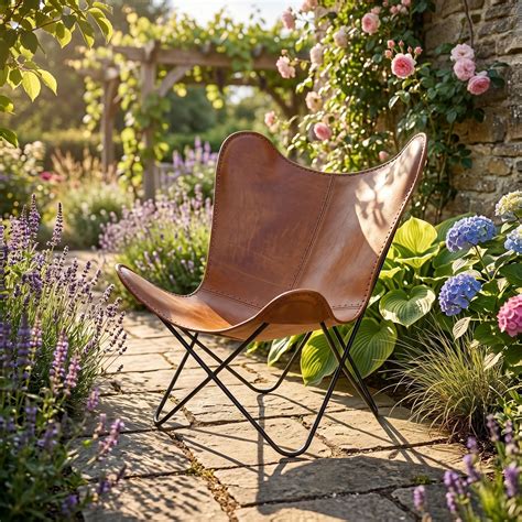 Handmade Leather Butterfly Chair Retro Lounge Accent For Patio