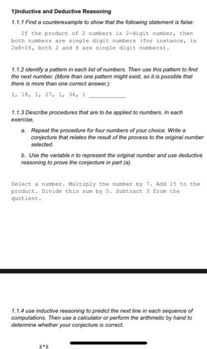 solved 1 inductive and deductive reasoning 1 1 1 find a