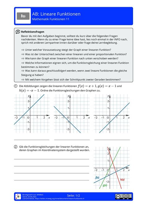 Arbeitsblatt Lineare Funktionen Mathematik Funktionen