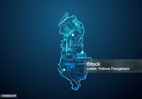 알바니아의 추상적 미래지도 회로 기판 디자인 지역의 전기 기술 배경 맵으로 어두운 때매시 라인과 포인트 비늘 0명에 대한 스톡 벡터 아트 및 기타 이미지 Istock