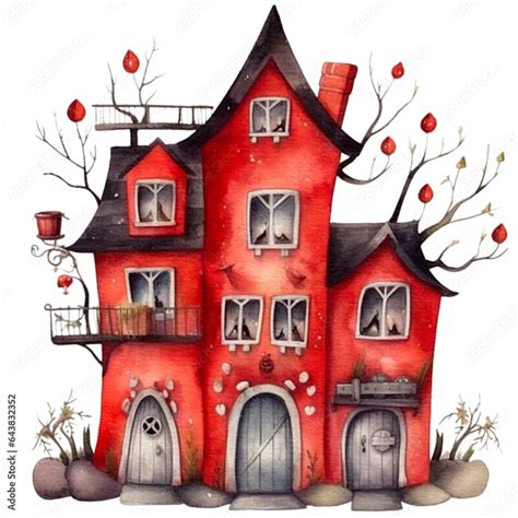 Halloween Red Haunted House Spooky Night Watercolor Style Isolated On