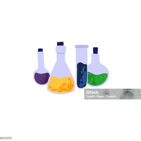 유리 튜브 플라스크 비커의 물약 액체 매직 유체 독에 에센스 화학 용액 및 물질 연금술 유리 제품 흰색 배경에 격리된 컬러 플랫 그래픽 벡터 일러스트레이션 0명에 대한 스톡