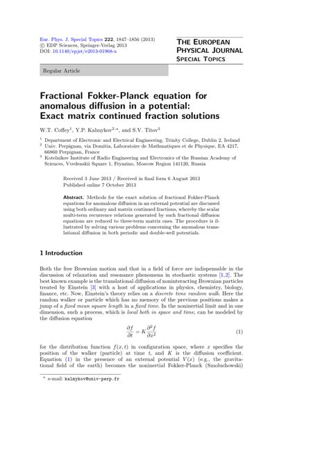 Pdf Fractional Fokker Planck Equation For Anomalous Diffusion In A Potential Exact Matrix