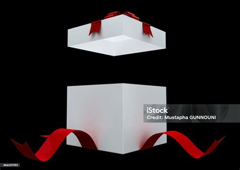 흰색 선물 상자 붉은 활과 색종이 검은 배경에 고립의 3d 렌더링 깜짝 선물 상자입니다 공휴일에 대한 스톡 사진 및 기타 이미지 공휴일 기념일 낮 Istock