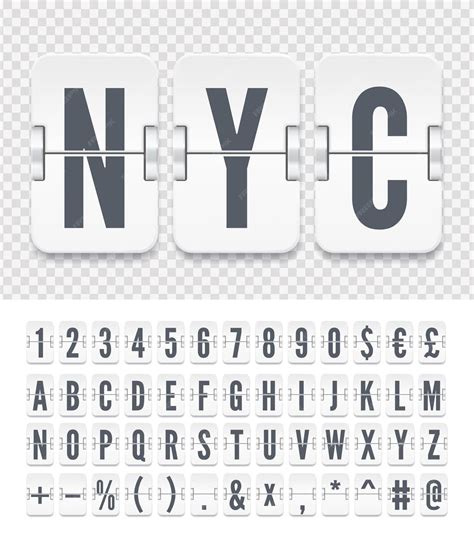 항공편 출발 또는 도착 정보를 위한 좁은 흰색 플립 보드 글꼴 공항 터미널 기계적 스코어보드 알파벳은 목적지 및 시간표 벡터 일러스트레이션을 표시합니다 프리미엄 벡터