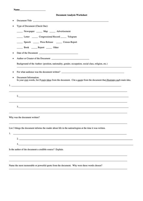 Document Analysis Worksheet Printable Pdf Download