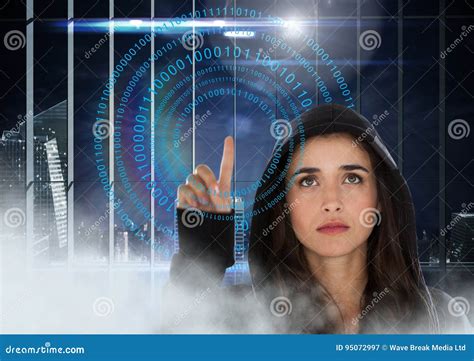 Woman Hacker Touching Digital Screens With Her Finger Stock Illustration Illustration Of