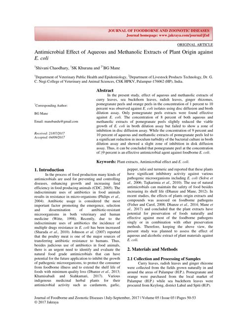 Pdf Antimicrobial Effect Of Aqueous And Methanolic Extracts Of Plant Origin Against