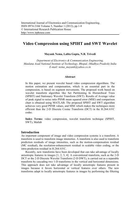 Video Compression Using Spiht And Swt Wavelet