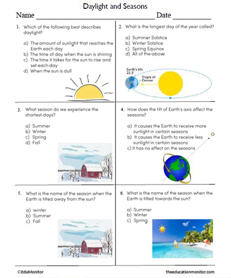 Daylight And Seasons Science Worksheet For Grade 6 Edumonitor