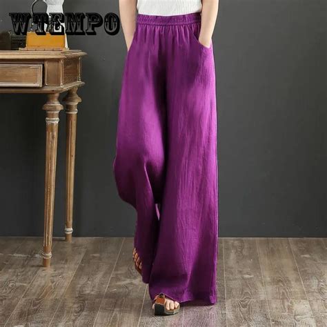 Купити Вінтажні вільні бавовняні лляні штани великого розміру з широкими штанинами на талії