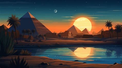 закат с луной и горами на заднем плане Премиум векторы