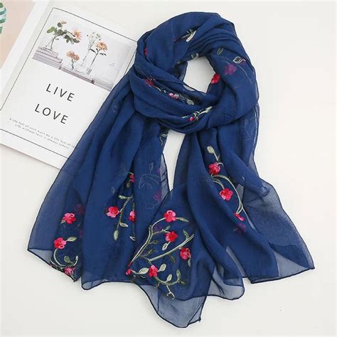 Laven Plain Floral Scarf Women Embroidered Silk Shawls Wraps Spring Su