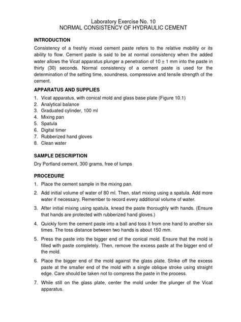 Labex No 10 Consistency Of Hydraulic Cement Using Vicat Apparatus Pdf