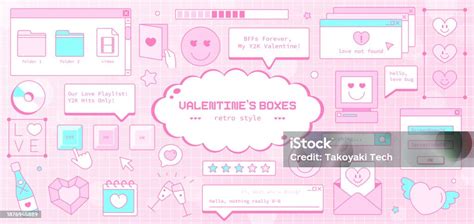 Y2k Groovy 90s 발렌타인 데이 벡터 세트 레트로 하트 컴퓨터 인터페이스 및 판매 배너 로맨틱하고 귀엽고 여성스러운 미학과 이모티콘과 휴일 그래픽 1990 1999