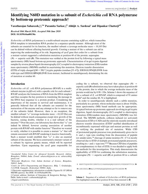 Pdf Identifying N60d Mutation In ω Subunit Of Escherichia Coli Rna Polymerase By Bottom Up