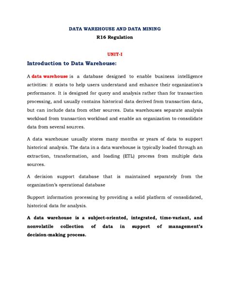 R16 4 2 Datamining Notes Unit I Pdf Data Warehouse Databases