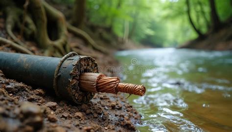 Exposed Copper Wires Of Broken Electrical Cable Lie Near Riverbank