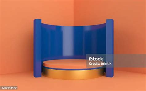 추상 적 기하학적 모양 그룹 세트 오렌지 스튜디오 배경 골드 베이스라운드 받침대 3d 렌더링 기하학적 형태의 장면 패션 미니멀리즘 장면 간단한 깨끗한 디자인 반원형 블루 월