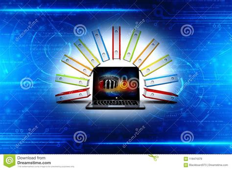 Database Or Archive Concept Laptop And File Cabinet With Ring Binders 3d Stock Illustration