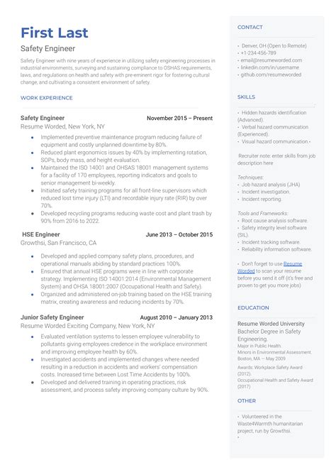 7 Safety Engineer Cv Examples For 2025 Resume Worded