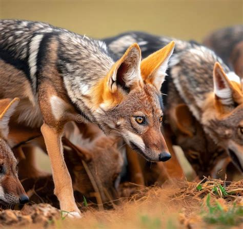 Black Backed Jackals Foraging In The Wild Stock Illustration