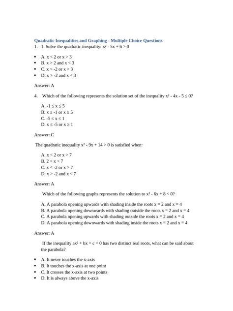 Quadratic Inequalities Questions Pdf