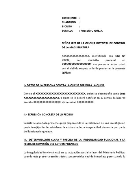 Modelo Queja Contra Juez Pdf Ley Procesal Debido Al Proceso
