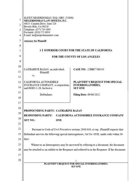 Plaintiffs Request For Special Interrogatories Set One Catharine Rajan