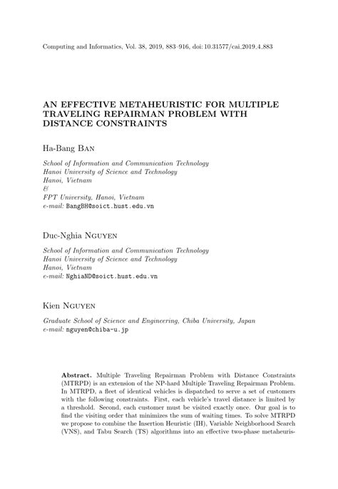 Pdf An Effective Metaheuristic For Multiple Traveling Repairman Problem With Distance Constraints