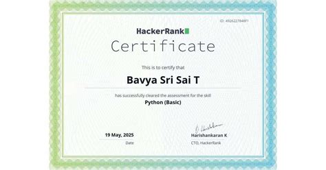earned python basic certification from hackerrank bavya sri sai