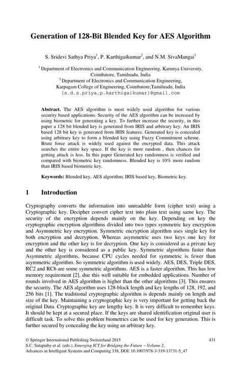 Pdf Generation Of 128 Bit Blended Key For Aes Algorithm
