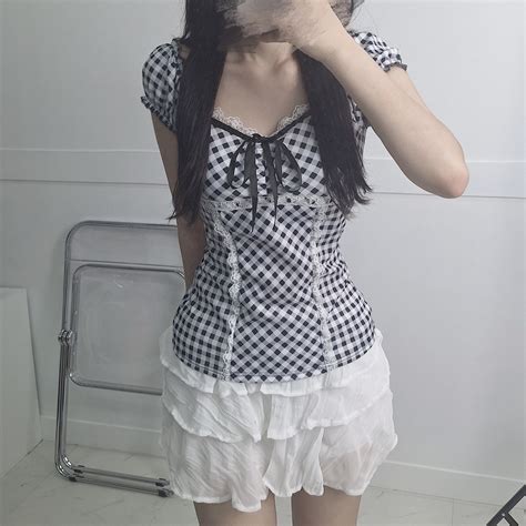 당일발송 쿠앤크 체크 레이스 블라우스 반팔 여름 무채색 핀터레스트 러블리 에이블리