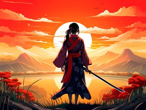 Retrato Al Estilo De Anime De Un Personaje Samurai Japonés Tradicional