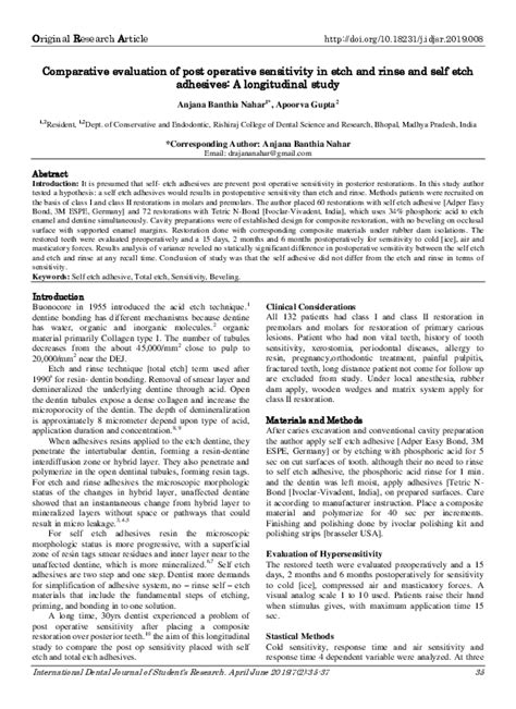 Pdf Comparative Evaluation Of Post Operative Sensitivity In Etch And Rinse And Self Etch
