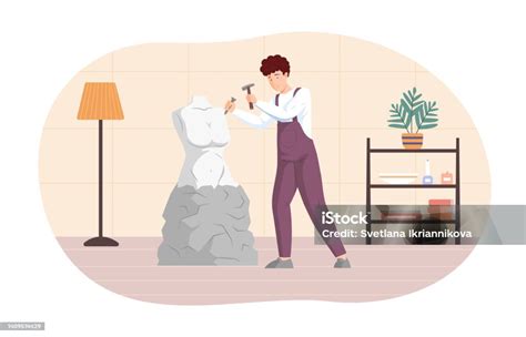 대리석으로 아름다운 여성 신체 동상을 만드는 남성 조각가 작업장에서 돌 조각을 만드는 망치와 끌을 들고 장인 예술 취미 또는 창조적 인 직업 조각에 대한 스톡 벡터 아트 및