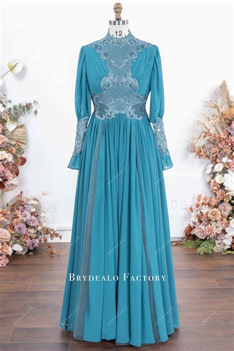 Peacock Chiffon Lace Turtle Neck Long Sleeves A Line Formal Gown