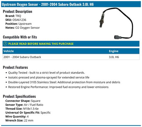 2001 2004 Subaru Outback Oxygen Sensor Trq Osa61236 Upstream Left
