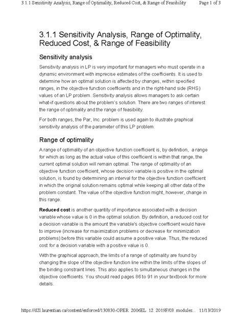 3 1 1 Sensitivity Analysis Range Of Optimality Reduced Cost And Range Of Feasibility 3 1 S