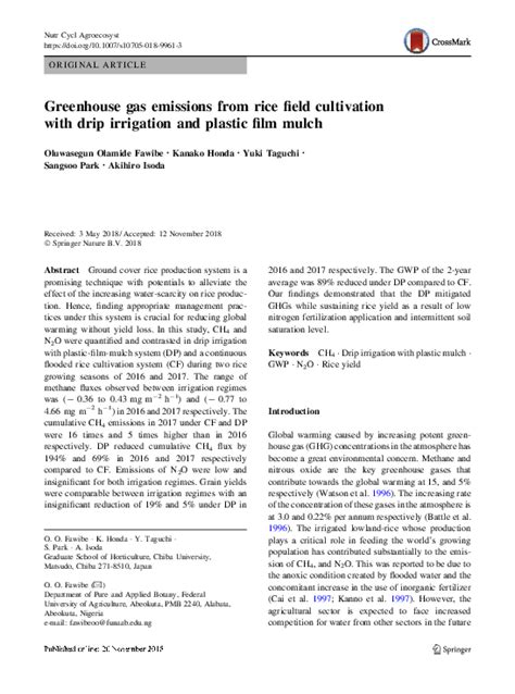Pdf Greenhouse Gas Emissions From Rice Field Cultivation With Drip
