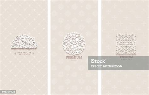 디자인 요소 레이블 아이콘 및 포장 및 고급 제품의 디자인에 대 한 프레임의 컬렉션입니다 종이 예술 격리 갈색 바탕에 디자인 벡터 일러스트 레이 션 0명에 대한 스톡 벡터