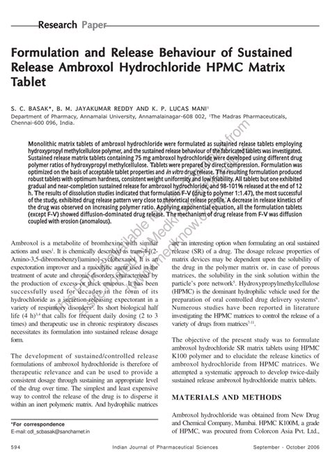 Pdf Formulation And Release Behavior Of Sustained Release Ambroxol Hydrochloride Hpmc Matrix