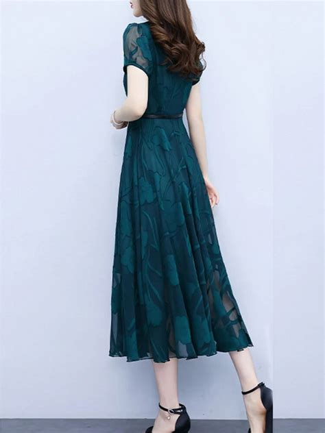 Badu Bg Зелена дамска 2024 г Нова шифонена ретро ежедневна флорална рокля с къс ръкав Черна