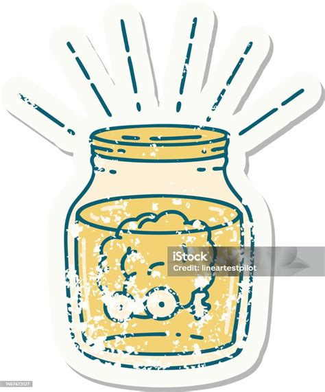 항아리에 문신 스타일의 두뇌의 낡은 스티커 과학에 대한 스톡 벡터 아트 및 기타 이미지 과학 그런지 이미지 기법 기민 Istock