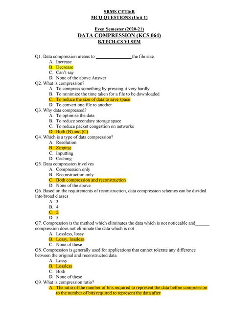 KCS MCQ Unit Converted SRMS CET R MCQ QUESTIONS Unit Even Semester DATA