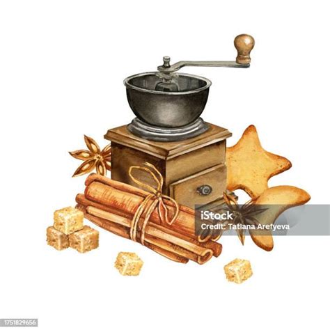 커피 멀 쿠키 계피 아니스 별 갈색 설탕 새끼가 있는 커피 테마의 수채화 구성 흰색 배경에 분리된 손으로 그린 그림 0명에 대한